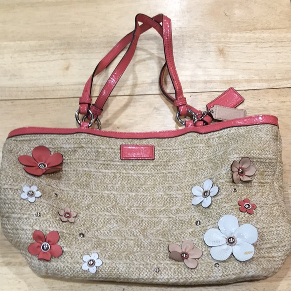 Coach | Bags | Coach Straw Bag Fully Lined With Coral Trim And Flower ...